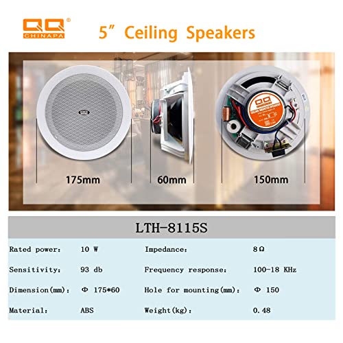QQCHINAPA LTH-8115S 5" Woofer 2-Way in Ceiling in Wall Speaker, 1-Inch 40mm Myla Dome Tweeter Better Bass, 8 Ohm Impedance-6" Cutout Diameter,with 130-18kHz Frequency (White) (5")…