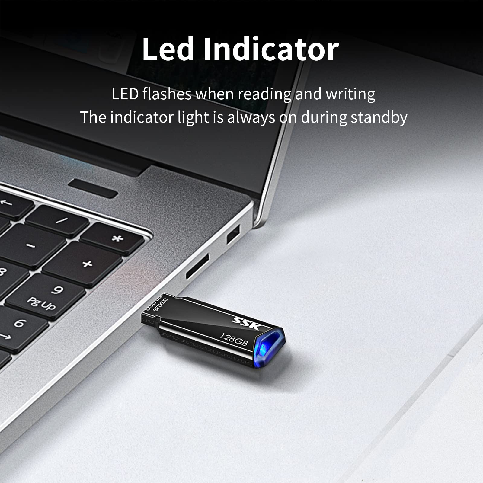 SSK 128GB USB Flash Drive Memory Stick, USB 3.2 High Speed Thumb Drive with LED Indicator, Metal Waterproof Jump PenDrive with Keychain Design for Storage and Backup