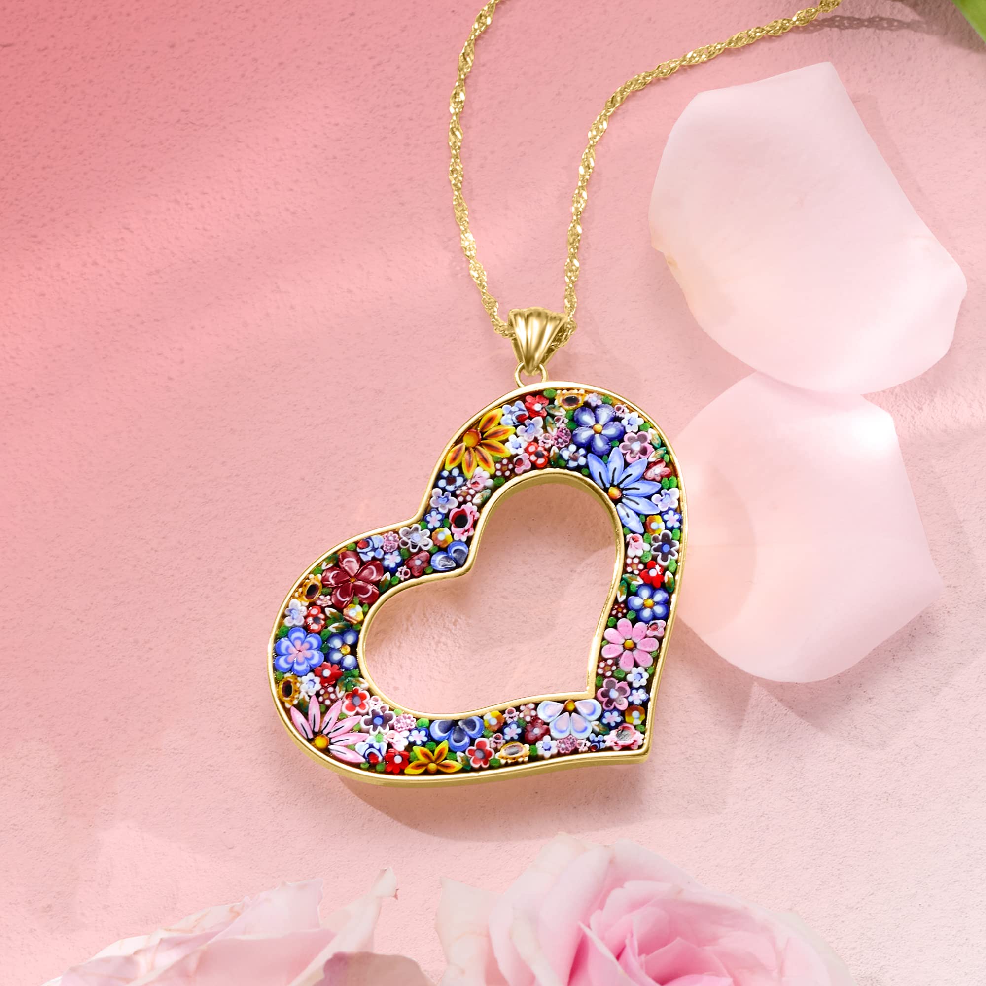 Ross-Simons Italian Multicolored Murano Mosaic Heart Pendant in 18kt Gold Over Sterling