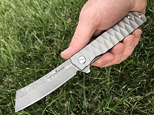 TACTICAL GEARZ Custom Damascus Steel EDC Pocket Folding Knife, Solid Tc4 Titanium Handle! Includes Sheath! For Outdoor Camping, Hiking, Gifts for Men, Birthday Gifts (Silver XS)