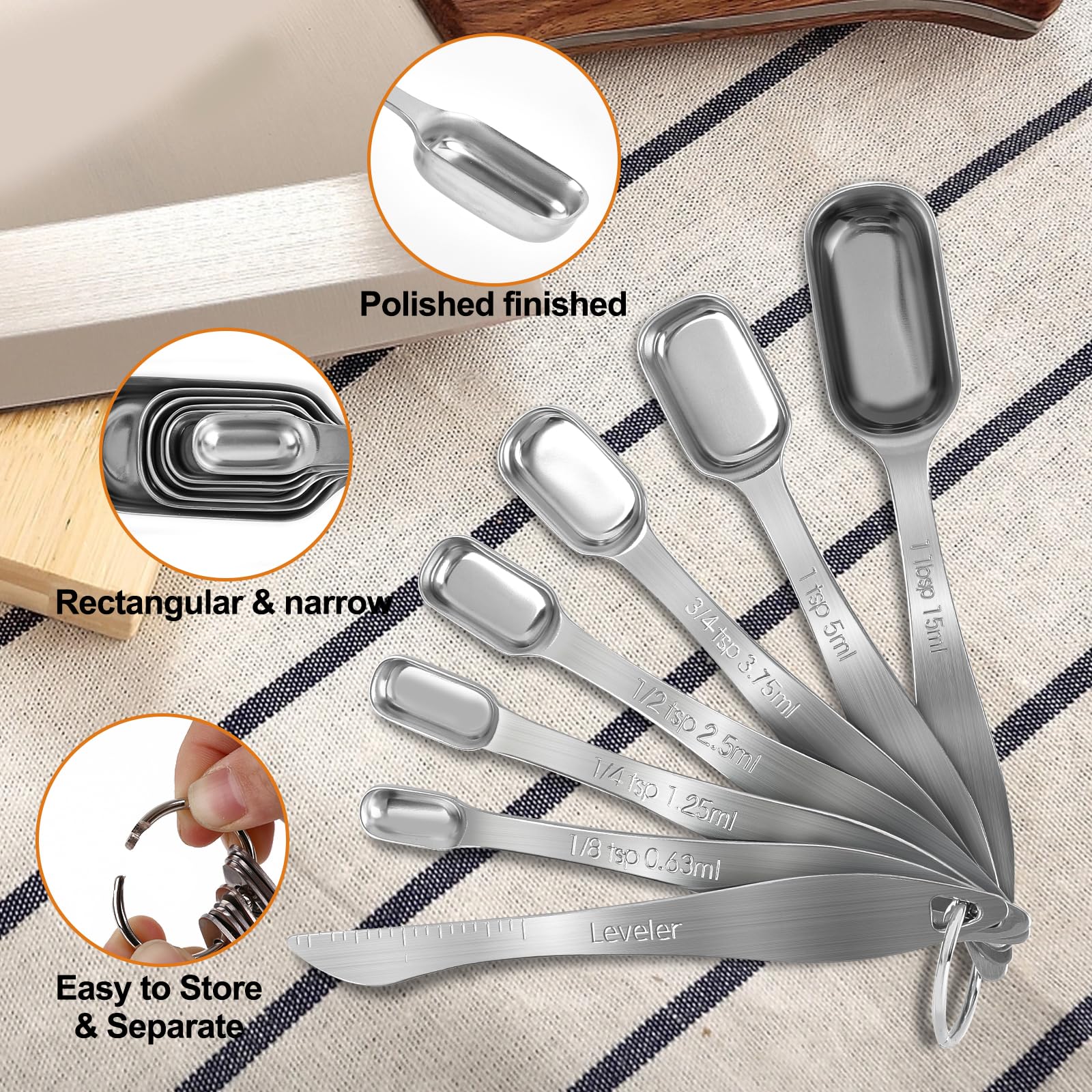 Stainless Steel Measuring Spoons, Premium Heavy Duty Metric Small Tablespoon 7-piece set:1/8 tsp, 1/4 tsp, 1/2 tsp, 3/4 tsp, 1 tsp & 1 tbsp-for Dry or Liquid, Fits in Spice Jar, Including Leveler