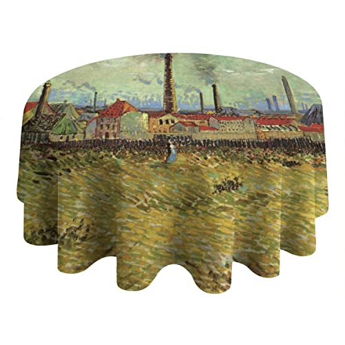 Round Waterproof Tablecloth Van-Gogh-Factories-at-Asni¨¨res-Viewed-from-the-Clichy's-Quay,-Paris-[1887]- for Kitchen Dining/Party/Wedding Use Reusable Table Cover