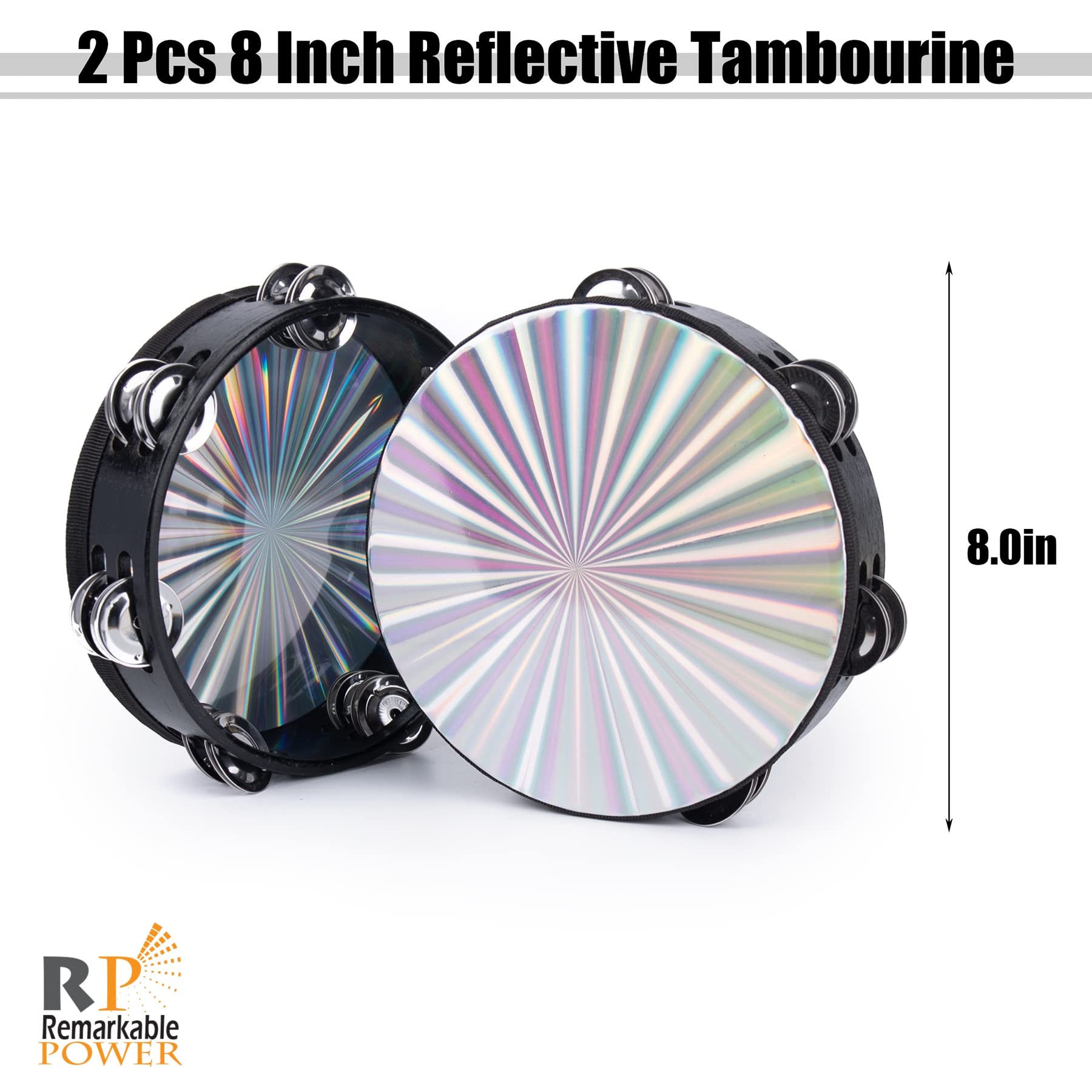 RP Remarkable Power, 2 Pack 8 Inch Radiant Tambourine Wooden Hand Held Drum Double Row Jingles Reflective for Church KYV Party