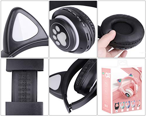 TCJJ Wireless Headphones Cat Ear LED Light Up Bluetooth Foldable Headphones Over Ear w/Microphone for Online Distant Learning (Black)