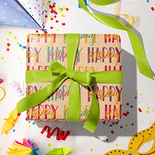 ZINTBIAL Kraft Birthday Wrapping Paper for Kids Adults - Brown Gift Wrap with Cakes, Rainbow Stripes, Stars, and "Happy Birthday" Design - 20 x 29 Inches per Sheet (8 Sheets 33 sq. ft.) Recyclable, Easy to Store, Not Rolled