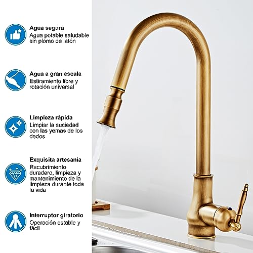 Vintage Brass Antique Bronze Kitchen Faucet,Single Hole Copper Widespread Mixer Taps with Pull Down Sprayer (Brass Nut)