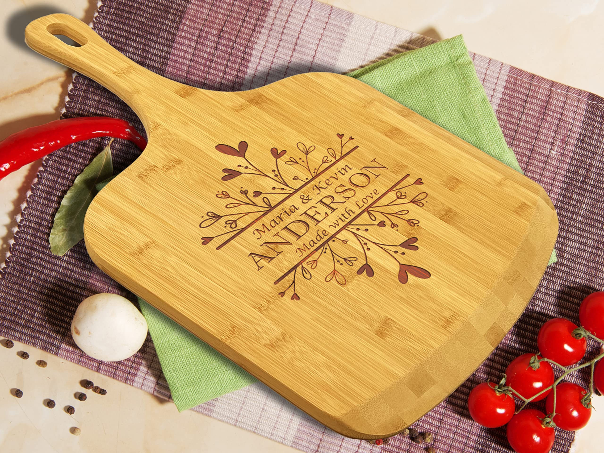 Personalized Bamboo Pizza Board with Handle Customized Wood Serving Cutting Pizza Board with Engraved Custom Name Monogram โ Wedding, Anniversary, Housewarming, Birthday, Mom, Dad Gift