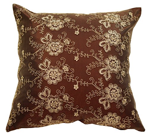 Violet Linen Swiss Vintage Flowers Pattern Silky Polyester Lace Embroidered, Decorative Accent Throw Pillow, 18" X 18", Brown
