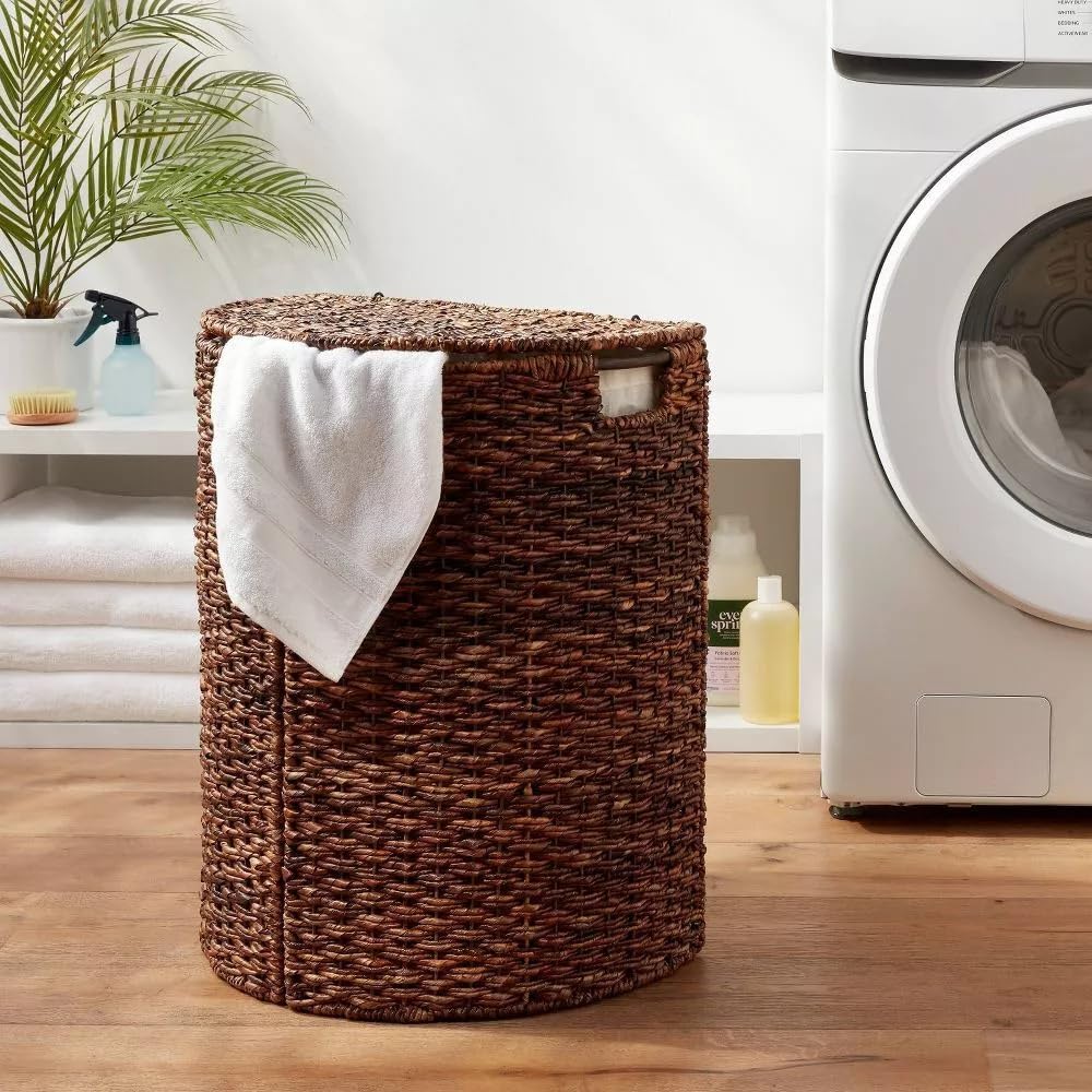 Woven Abaca Lidded Halfmoon Hamper,Wrought Iron Store Brown Lightweight For Easy Lifting And Moving