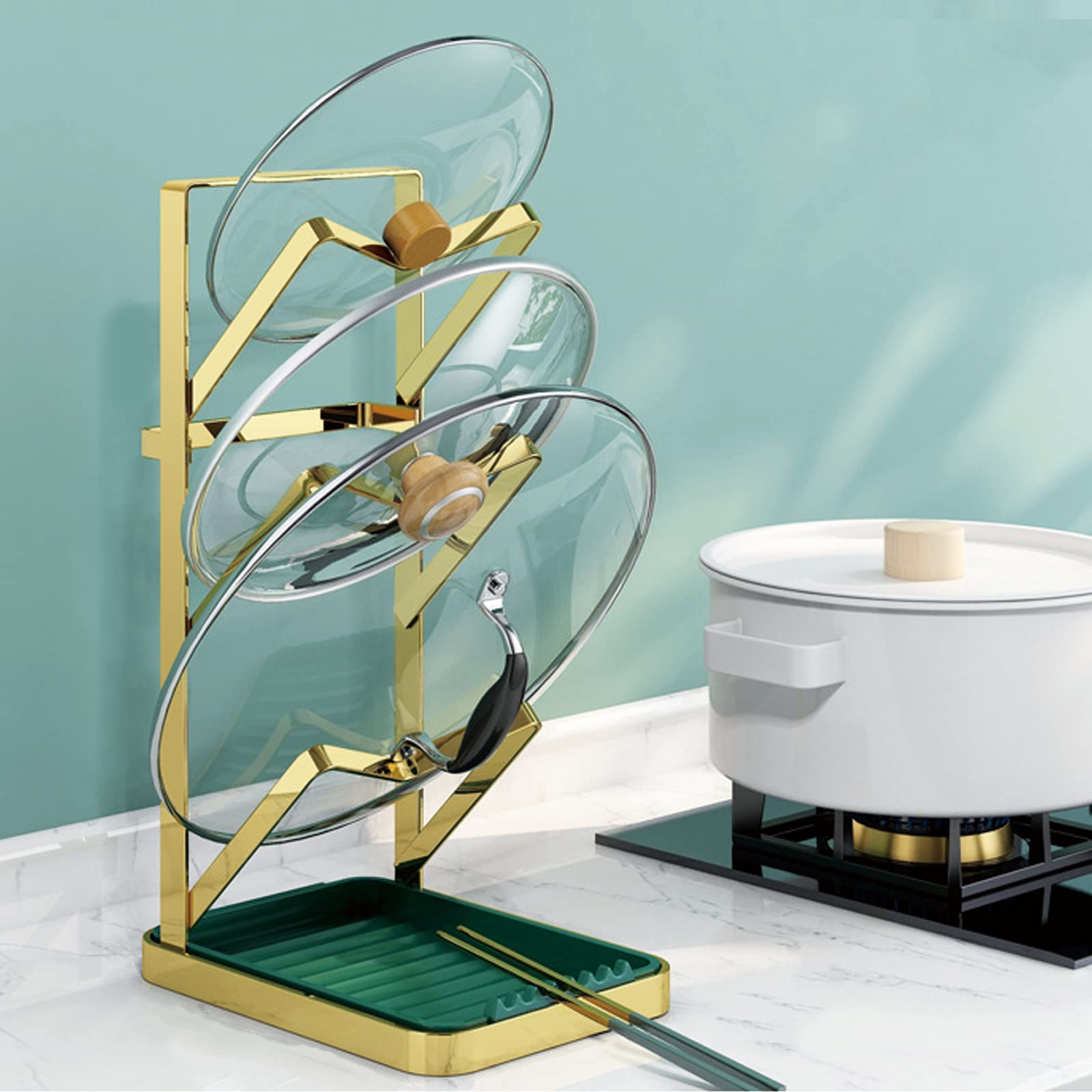 Pot Lid Holders 3 Layer With Removable Drain Tray Lid Stand Rack for Kitchen Cooking Pot Lid Organizer Spoon Rest Holder Cutting Boards Gold Rack
