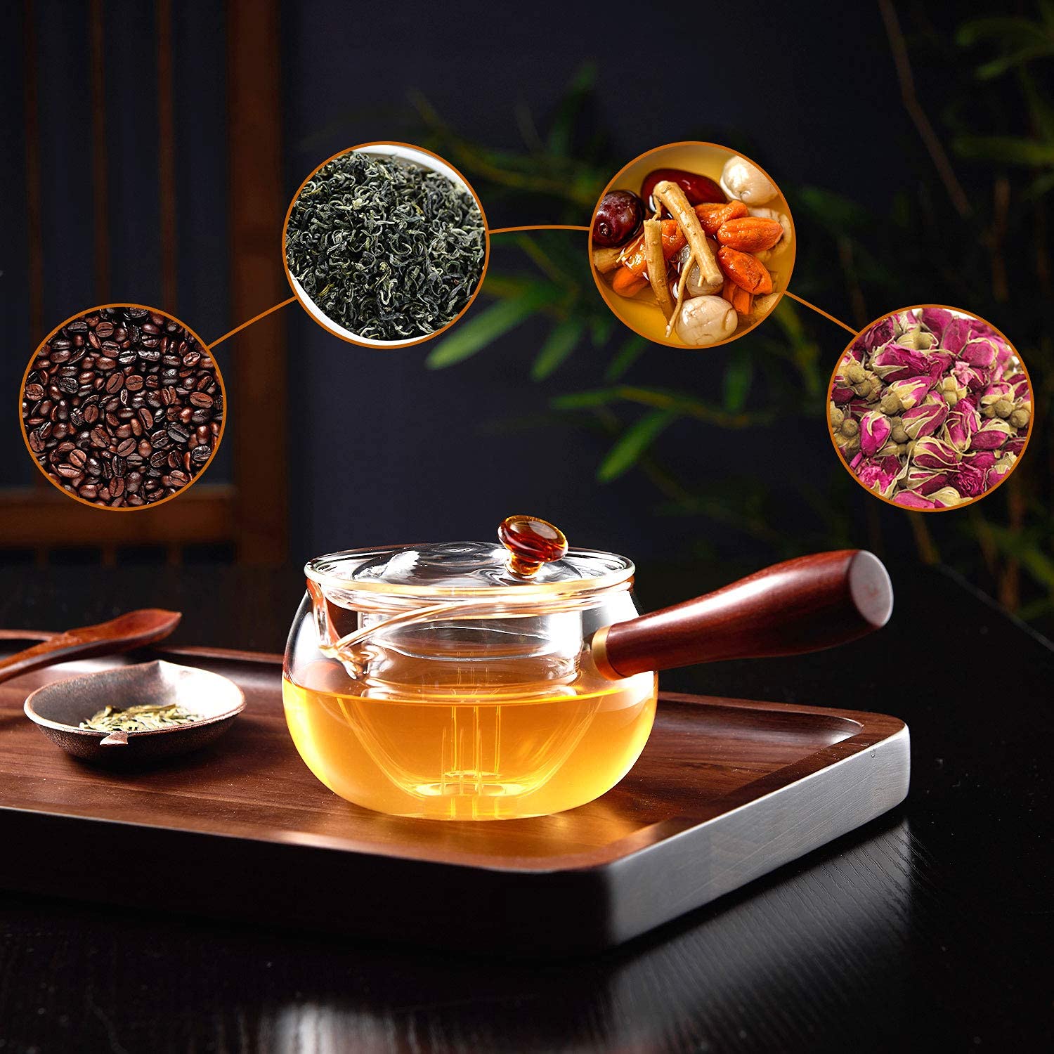 PARACITY Glass Teapot with Infuser Japanese Teapot Stovetop Safe Teapot Blooming and Loose Leaf Tea Maker with Wooden Handle Kyusu 11.8 oz 350 ml