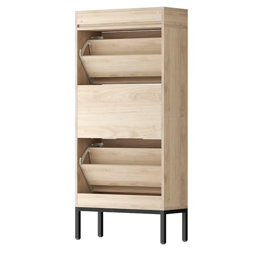 XIAO WEI Shoe Cabinet, Natural Rectangular Handmade Rattan Shoe Storage Organizer Cabinet with 3 Flip Drawers, Freestanding Shoe Rack with Adjustable Shelf for Entryway