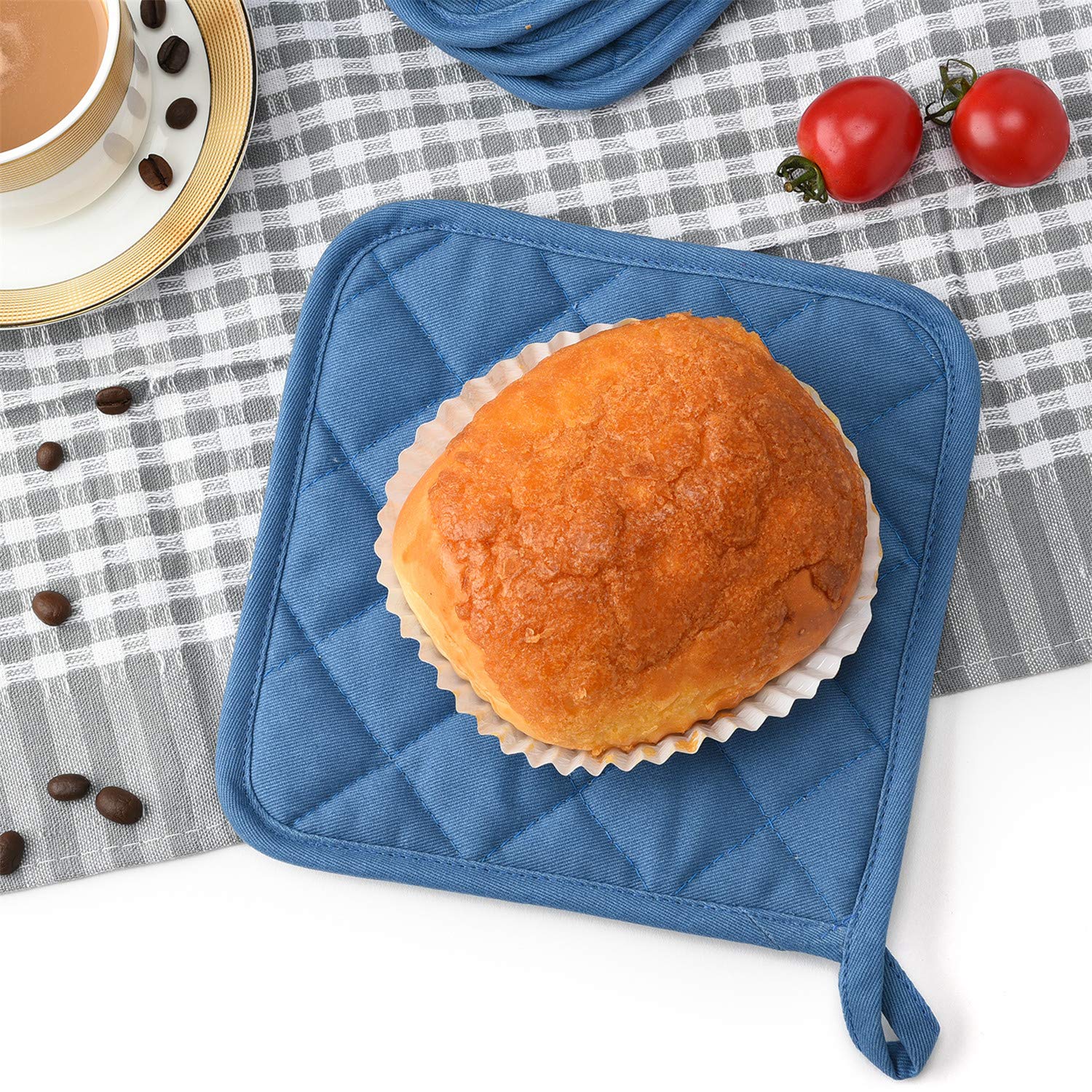 Potholders Set Trivets Kitchen Heat Resistant Pure Cotton Coasters Hot Pads Pot Holders Set of 6 for Everyday Cooking and Baking by 7 x 7 Inch (Blue)