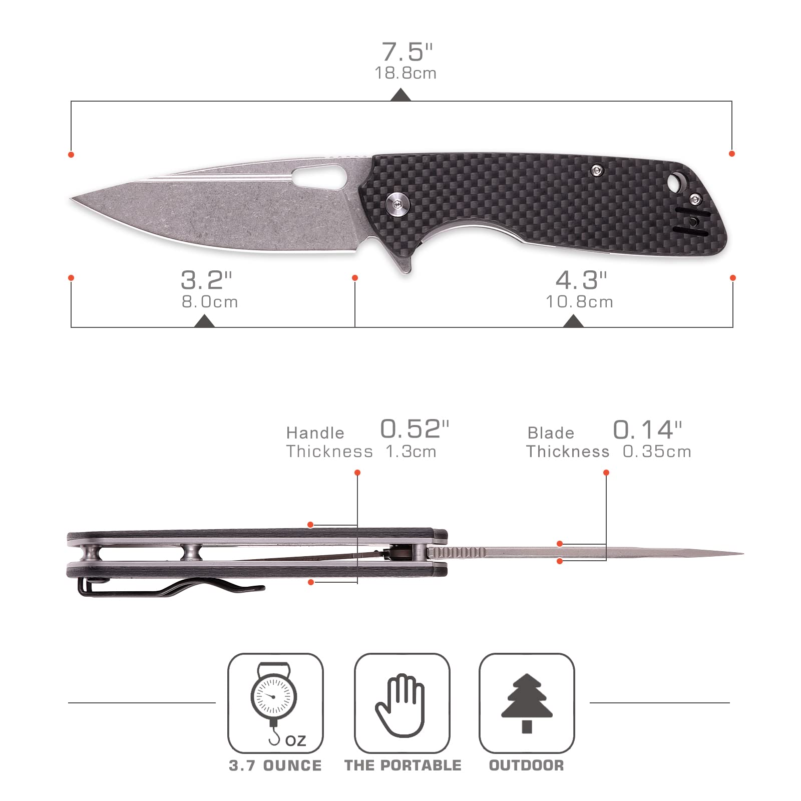 QYGMGS REMETTE Folding Knife, Carbon Fiber Handle, D2 Steel Wear-Resistant Blade,Flipper Assisted Opening Knife, EDC Outdoor Camping Pocket Knife for Men