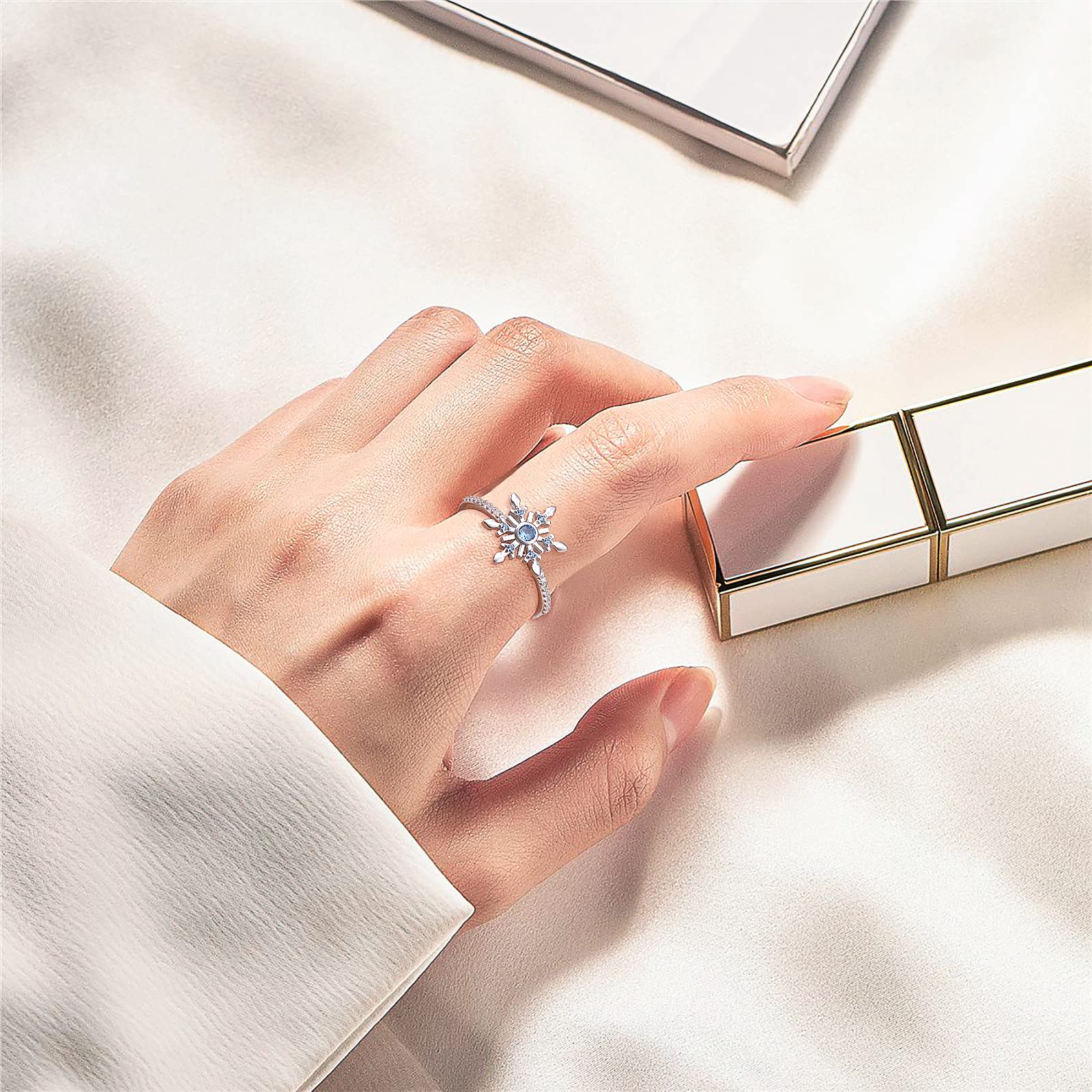 S925 Sterling Silver Spinner Snowflake Fidget Anxiety Worry Relieving Boredom ADHD Autism Band Rings Jewelry Women Men