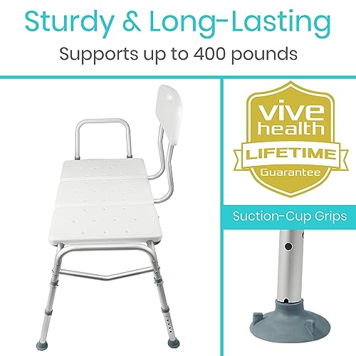 Vive Bariatric Shower Chair - Tub Transfer Bench with Height Adjustable Legs (400 Pound Capacity) - Reversible & Sliding Bath Seat with Backrest, Armrest, Wide Seat - For Seniors, Elderly