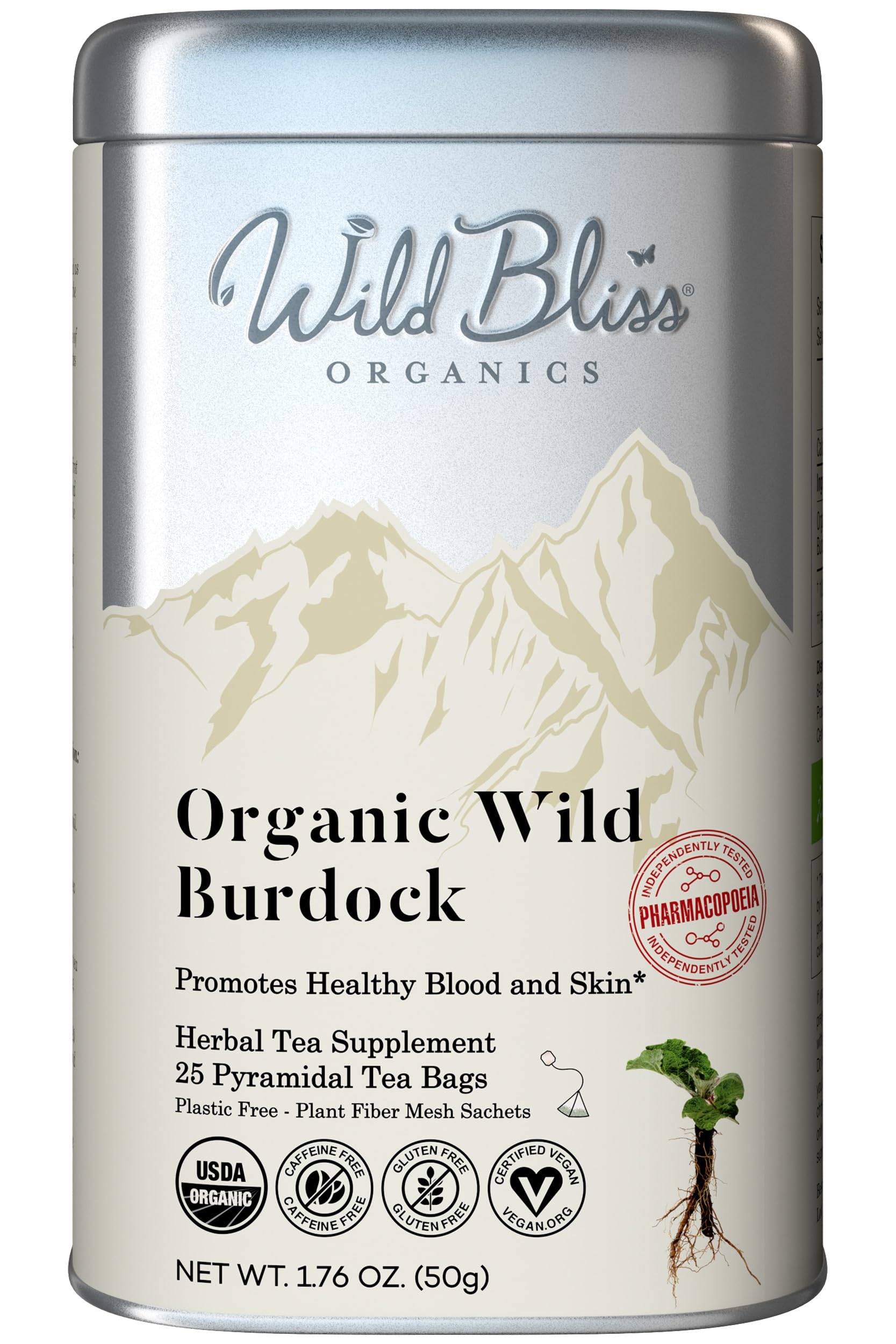 Organic Wild Burdock Root Tea - Caffeine Free Herbal Detox Support - Pharmacopoeia Quality - 25 Plant Based Tea Bags