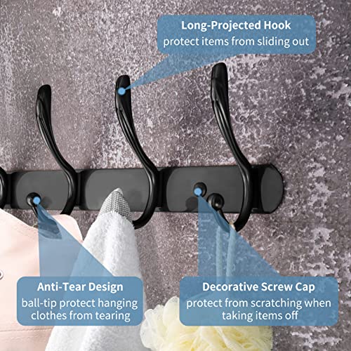 Wall Mount Coat Rack with 5 Black Hooks , 2 Pack 16’’ Stainless Steel Heavy Duty Wall Coat Rack for Hanging for Jackets Towels Hats Scarves Bags Wall Coat Hanger for Entryway Bathroom Bedroom (Black)