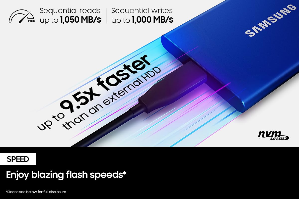 SAMSUNG SSD T7 Portable External Solid State Drive 1TB, Up to USB 3.2 Gen 2, Reliable Storage for Gaming, Students, Professionals, MU-PC1T0H/AM, Blue