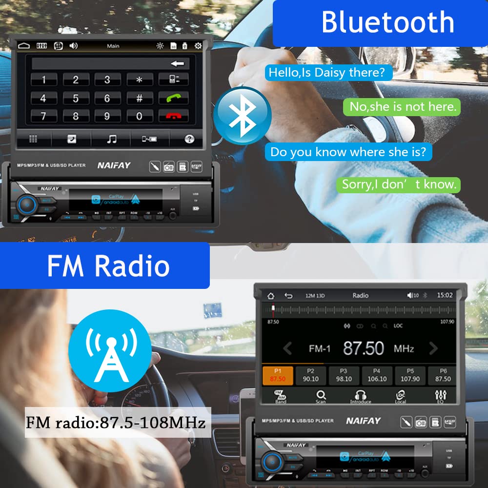 Single Din Touchscreen Car Stereo with Apple Carplay and Android Auto,7 inch Flip Out Screen Car Stereo with Bluetooth Foldable Car Audio Receiver with Backup Camera Mirror Link/FM/USB/AUX/TF