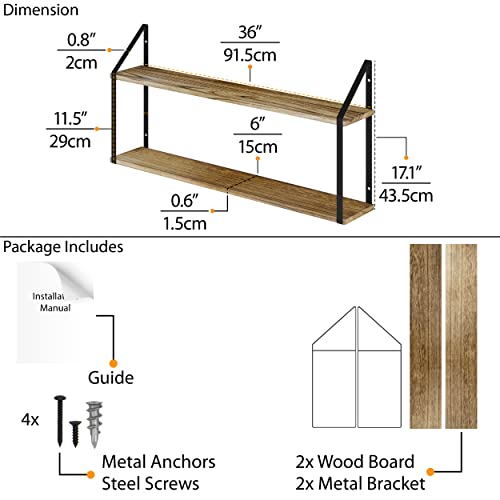 Wallniture Modena 2-Tier 36" Floating Shelves Living Room Decor Shelves for Wall Storage Laundry & Kitchen Organization Office Decor Burnt Finish