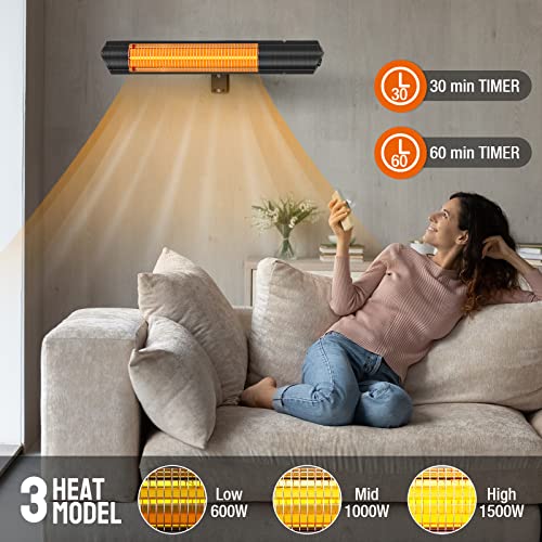 SIEANE Outdoor Patio Heater Electric Carbon Infrared Wall Mounted/Ceiling/Tripod 1500W Adjustable Temperature Instant Warm Heater with Remote Control IP65 Waterproof Heater for Garage Backyard