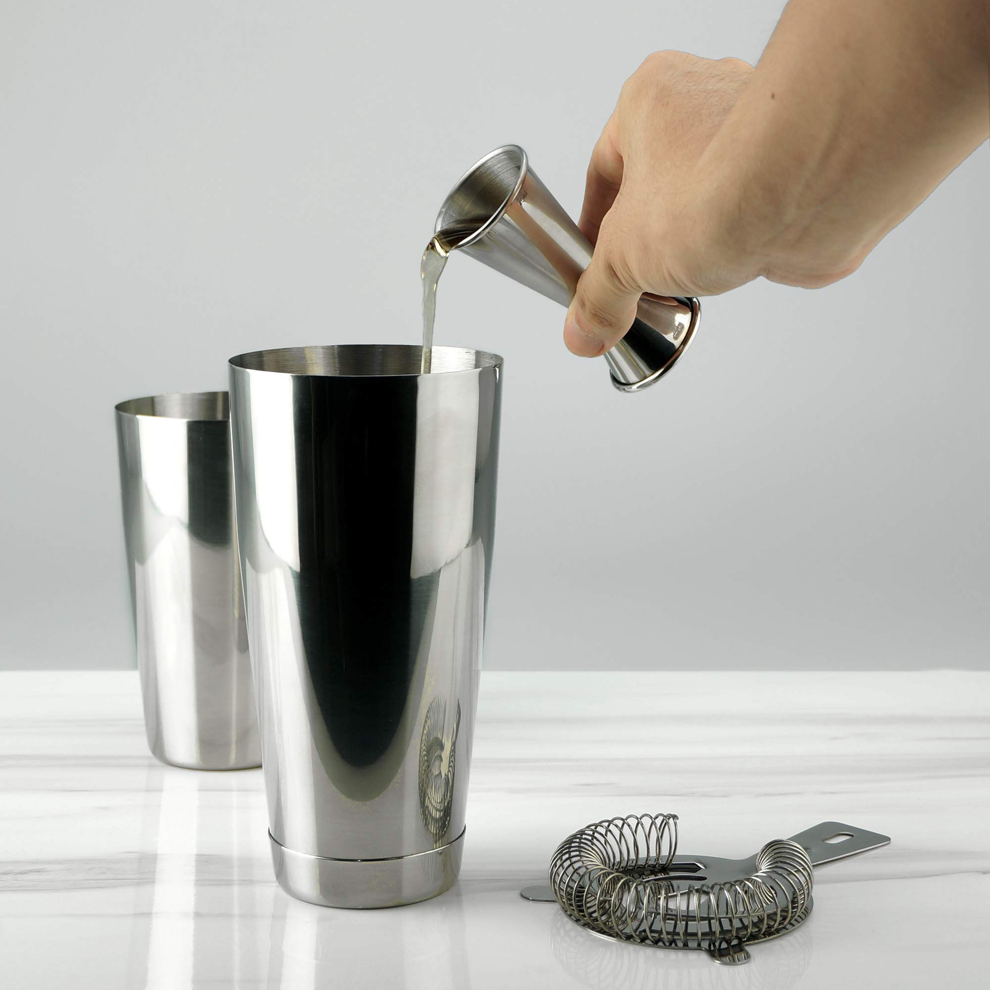 PG Boston Cocktail Kit - 4PC Premium Stainless Steel Shaker Set - 30oz Gloss Finish β2-Piece Shaker with Cocktail Strainer and Double Jigger