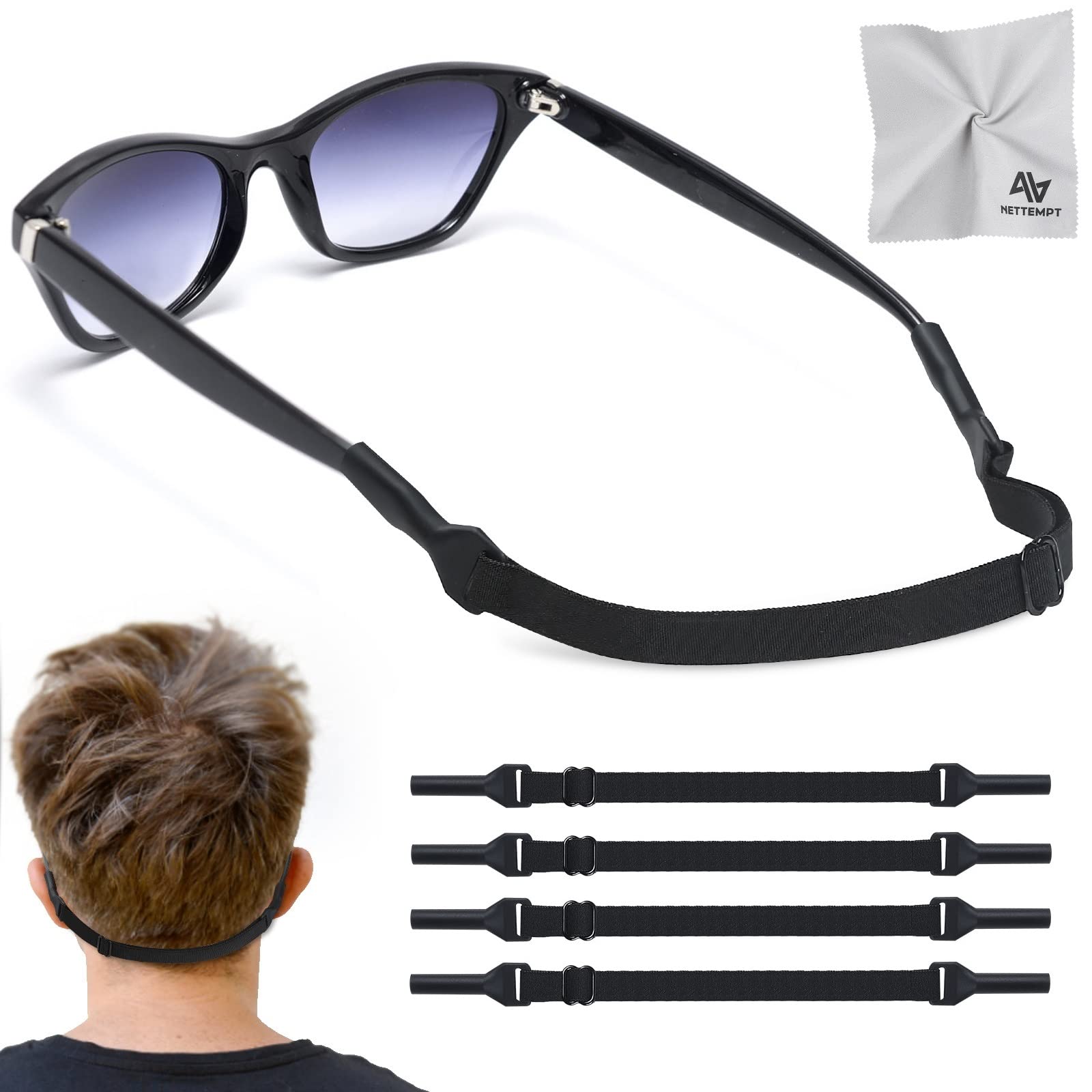 NETTEMPT Glasses Straps, Adjustable Eyewear Retainer - No Tail Sunglasses Strap For Men's Glasses Straps (4pcs 13inch)