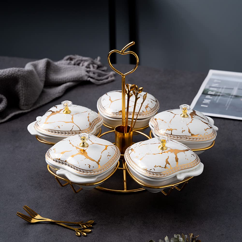 PASIGRO Ceramic Condiment Serving Tray,Rotating Snack Tray,Candy and Nut Porcelain Divided Serving Platter,Veggie Snack Containers,Ceramic Food Storage with Golden Iron Frame (White)
