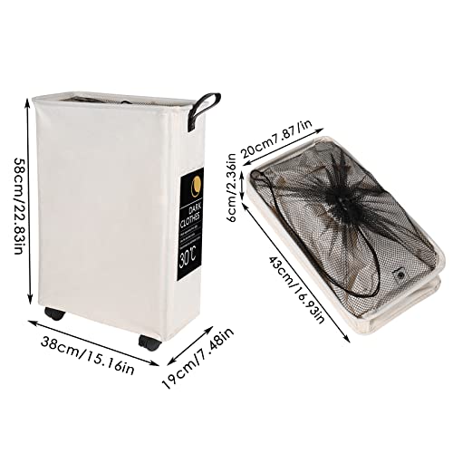 zzolee - Laundry Basket with Wheels, Slim Laundry Hamper with Laundry Cards, Ideal for Camper and Dormitory, 23x15x7.5 inch