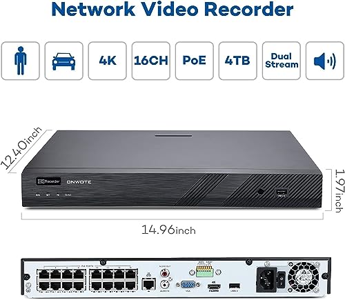 ONWOTE Wired 4K Security Camera System PoE 16 Channel 4TB, AI-Human-Vehicle-Detection, 128° Wide Angle, 8 * 8MP Outdoor Commercial IP Cameras with Audio, 16CH 4K NVR CCTV Surveillance for Businesses