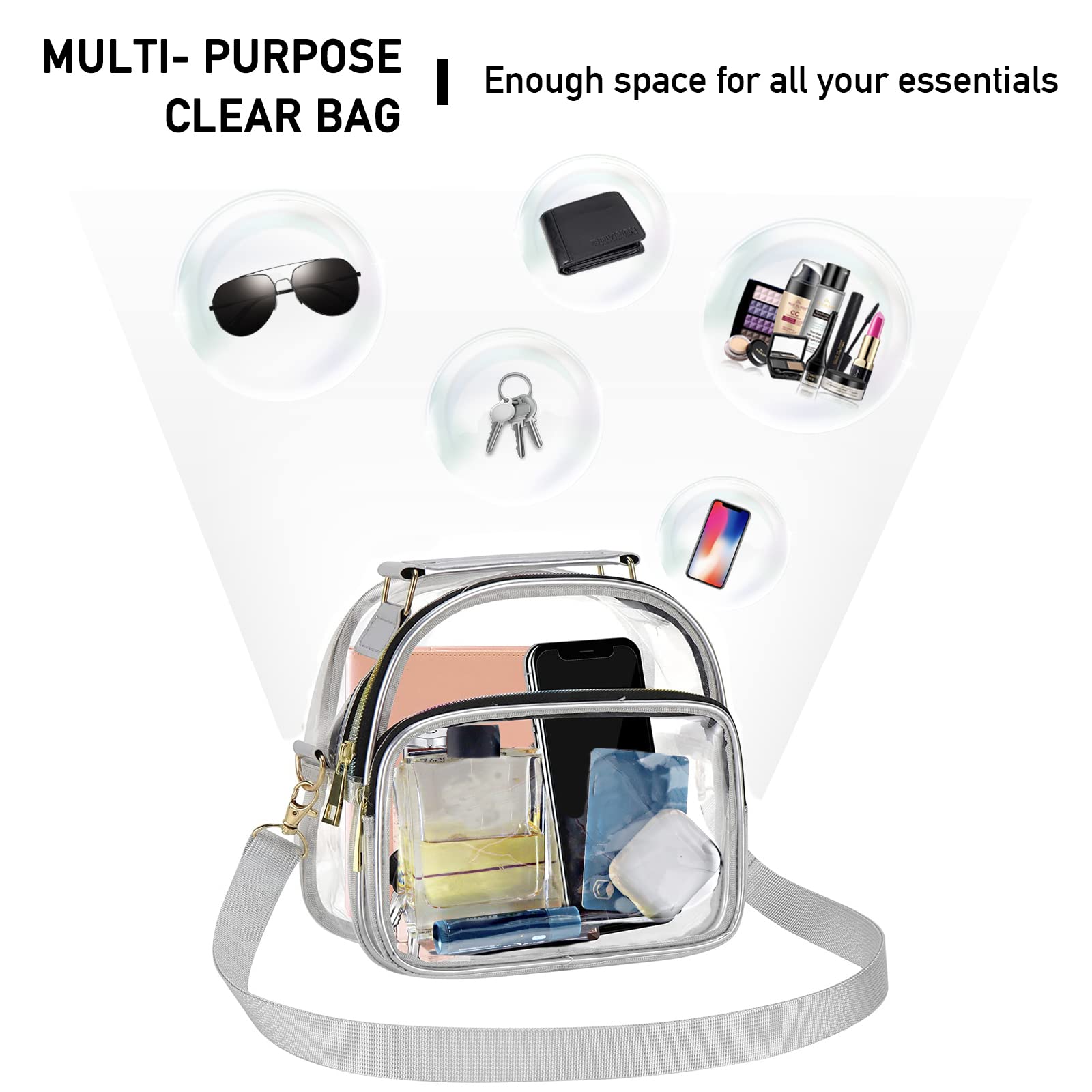 Sambano Clear Purse Shoulder Bag,Cute Crossbody Transparent Bag Stadium Approved with Compartment and 2 Adjustable Shoulder Straps (Black)