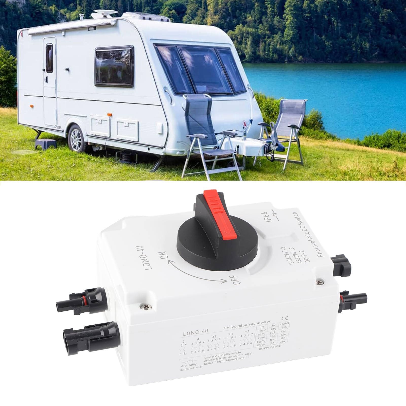 Photovoltaic DC Isolator Solar Switch IEC60947 3 Waterproof IP66 Insulated Switch for Solar Powered RV Boats Solar Power Systems 1200V DC 32A 4P (Fuse Proctive)