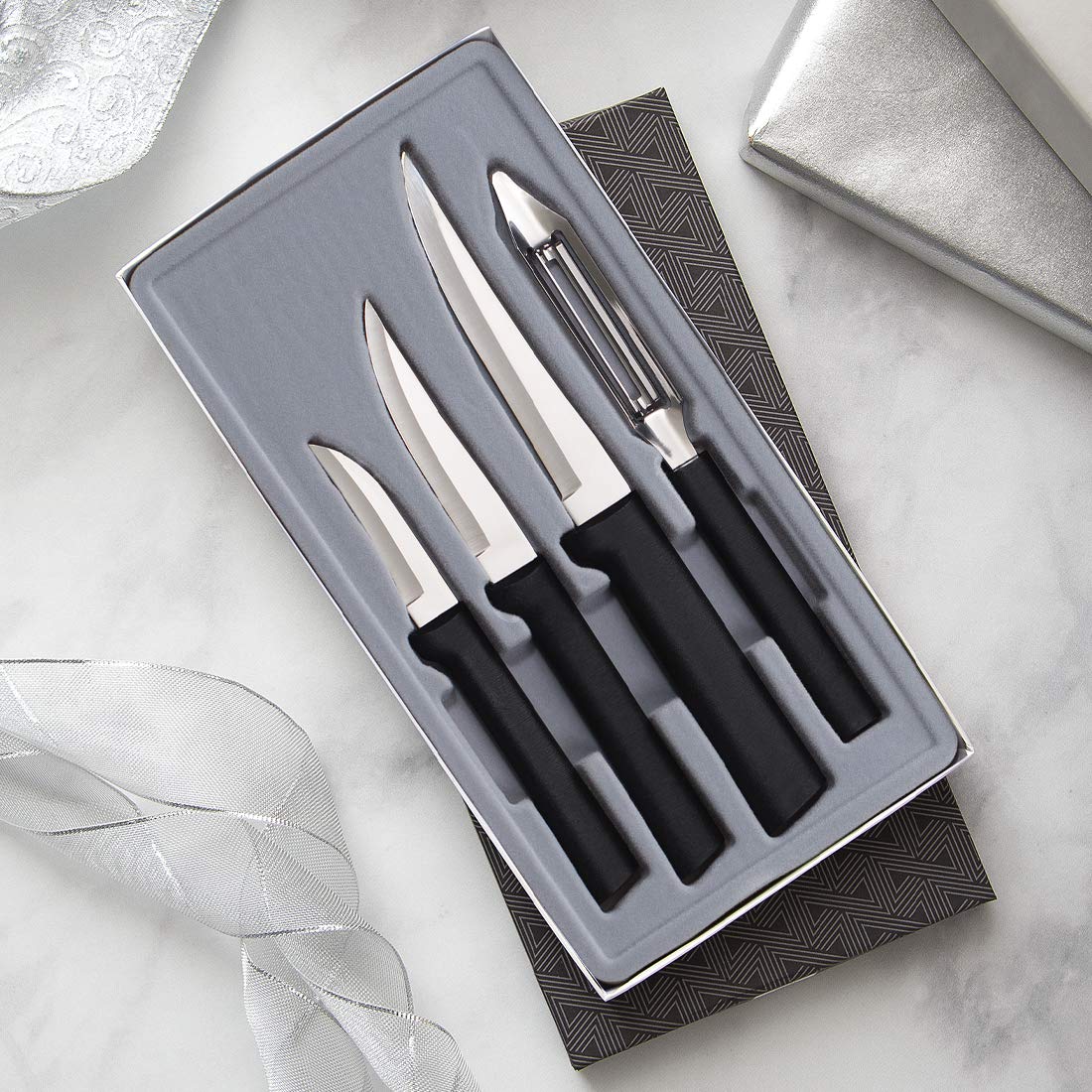 RADA Meal Prep 4-Piece Black Handled Paring Knife Gift Set With Knife Sharpener