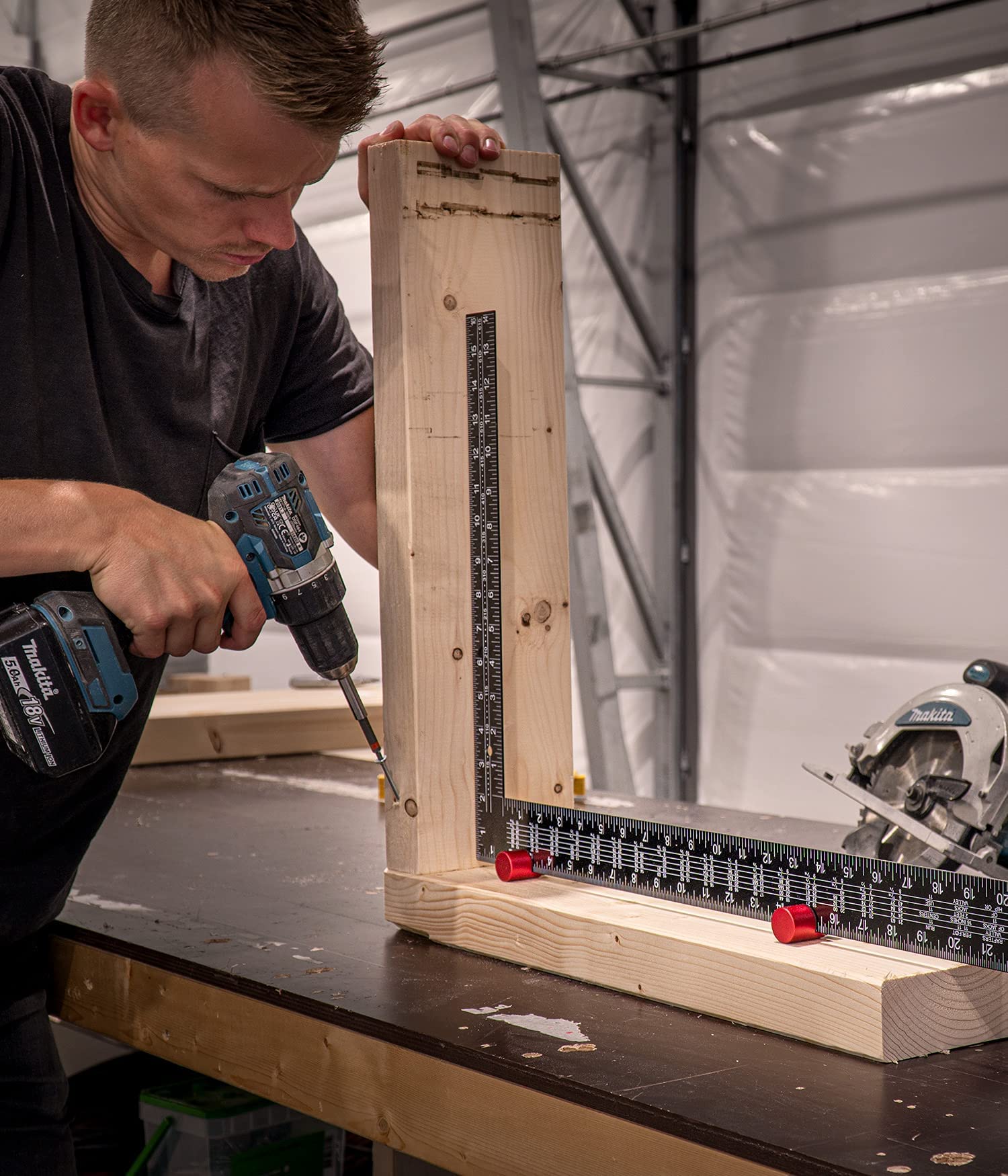 Simon Tools - Stair Gauges for Framing Square | Extra Tall 𝗡𝗼𝗻-𝗦𝗹𝗶𝗽 Framing Square Stops with Holder, Framing Tools for Speed Square