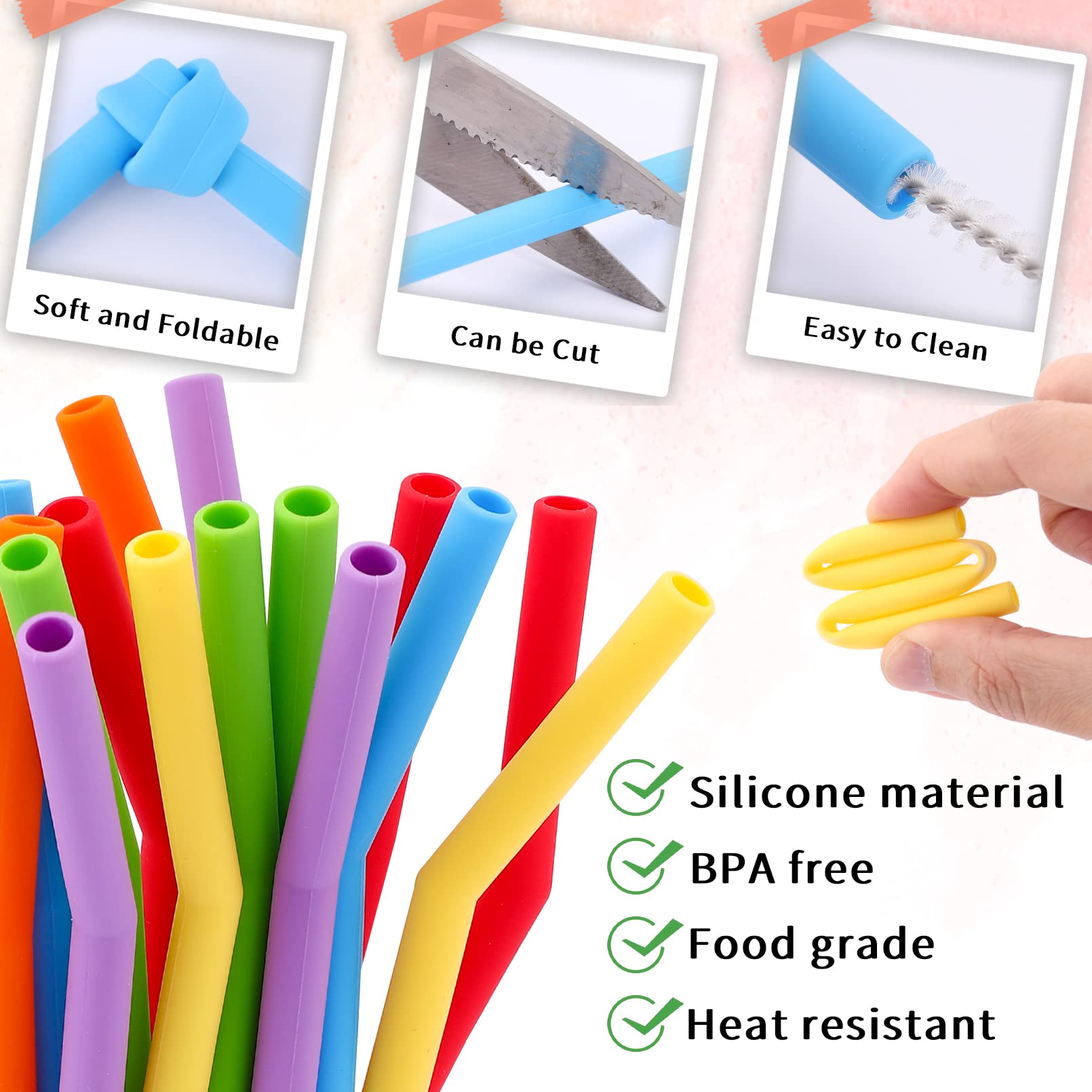 RAIBEATTY Reusable Silicone Straws,18Pcs Silicone Drinking Straws,6.7" Flexible Short Drink,BPA Free Silicone Straw for 6-12 oz Tumblers & 3 Cleaning Brush,No Rubber Taste,6 Colors