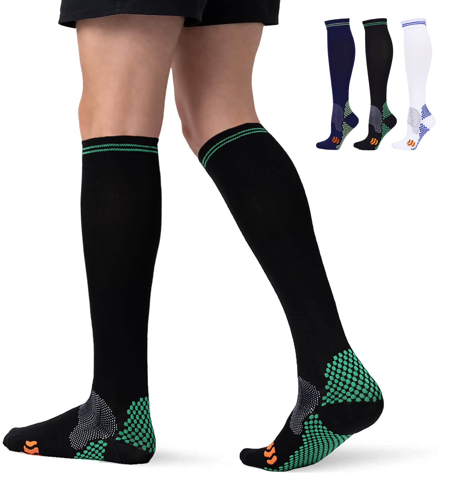 Saniripple (3 pairs) Compression Socks for Women and Men 20-30mmHg Knee High Socks - Best Support for Circulation, Athletic, Runner, Nurses 3p3 L/XL