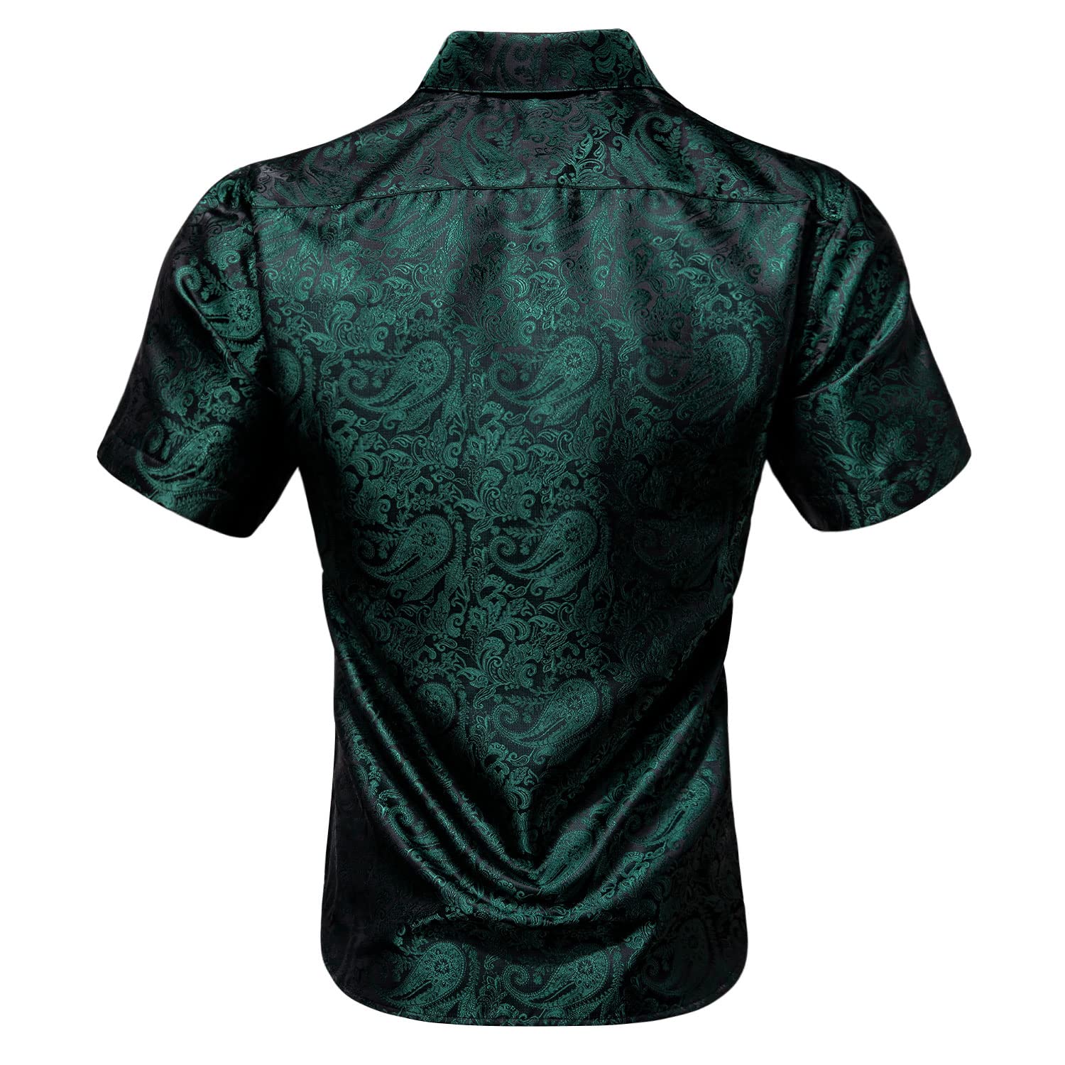 Men's Silk Shirt Paisley Floral Jacquard Short Sleeve Button Down Dress Shirts Formal Casual Wedding Party Deep Green