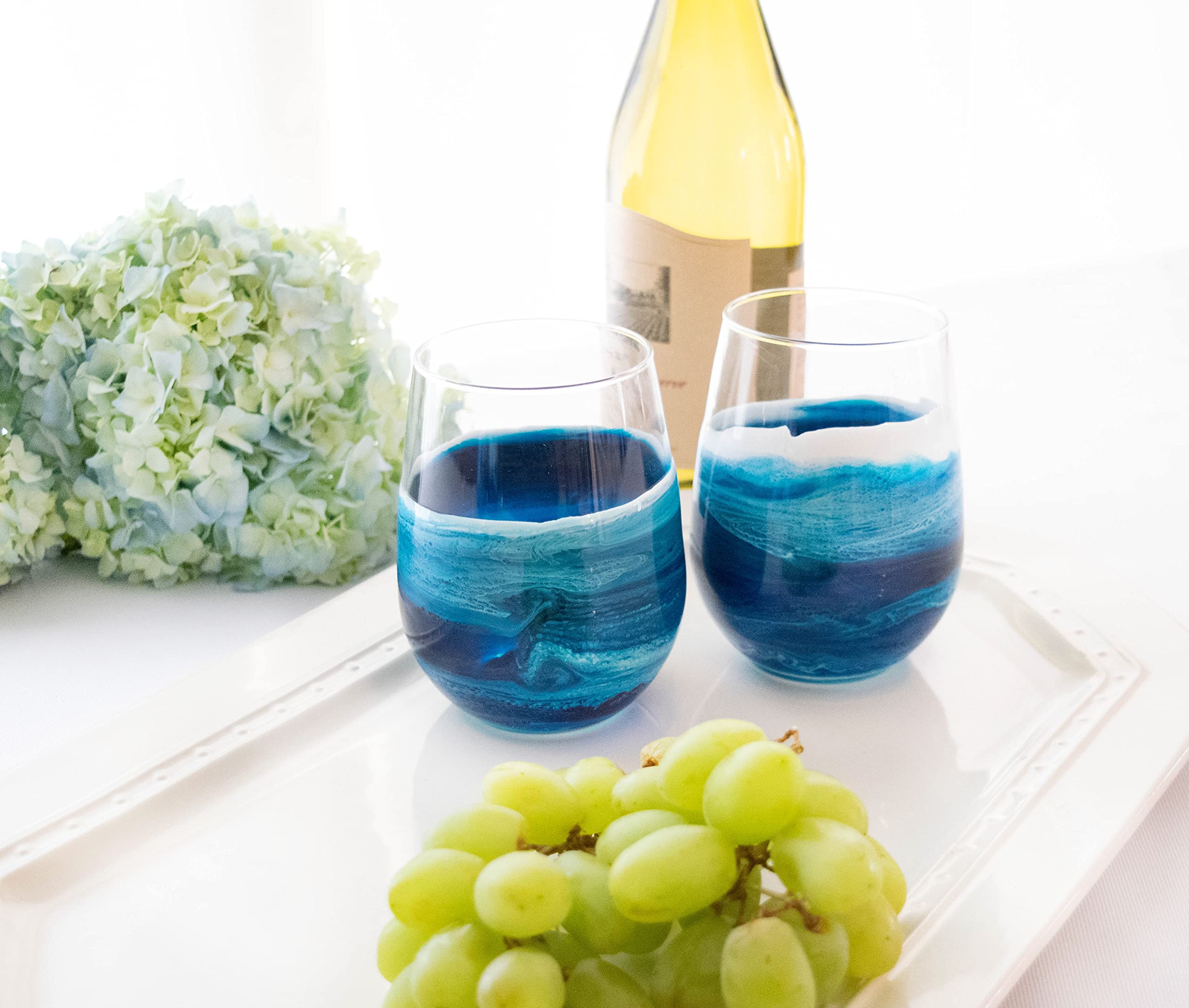 Schafer Art Studio - Handmade Beach Themed Wine Glass, Stemless White Wine 17 ounce, Painted Resin Large Wine Glass