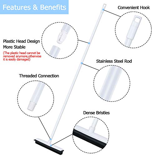 Push Broom, Soft Bristle Rubber Sweeper Squeegee Edge with 60 inches Adjustable Long Handle, Non Scratch Bristle Broom for Pet Dog Hair Carpet Hardwood Floor Tile Windows Cleaning (White)