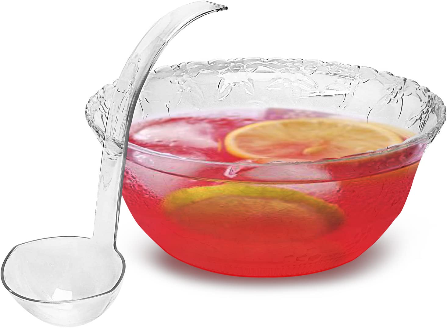 Premium Punch Bowl With Ladle Includes 8 Quart Serving Bowl With 5 oz serving ladle | Heavyweight Floral Embroidered Design | BPA Free Plastic | Punch Bowl Set 2 Gallons Large Punch Bowl for parties
