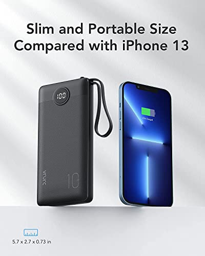 VRURC Portable Charger with Built in Cables, 10000mAh Ultra Slim USB C Power Bank,5 Output 2 Input LED Display External Battery Pack Phone Charger Compatible with Smart Devices and Cell Phones-Black