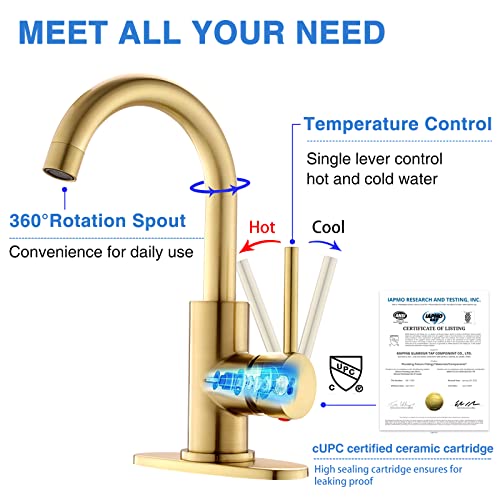 Single Handle Brushed Gold Bathroom Sink Faucet with Supply Hose, 360° Swivel Gold Bar Sink Faucet with Deck Plate, Gold RV Bathroom Basin Faucet for 1-3 Hole Installation
