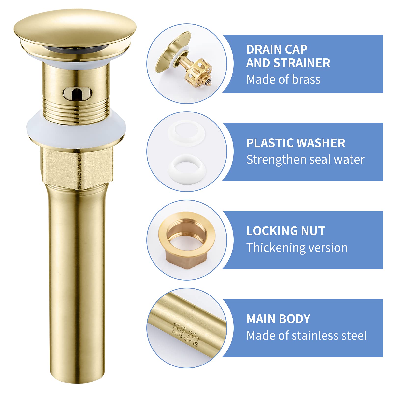 SINGSUO Pop Up Drain Stopper for Bathroom Sink, Pop Up Sink Drain with Detachable Basket Stopper, Basin Pop-up Drain Filter, Vessel Sink Drain Assembly (Brushed Gold)