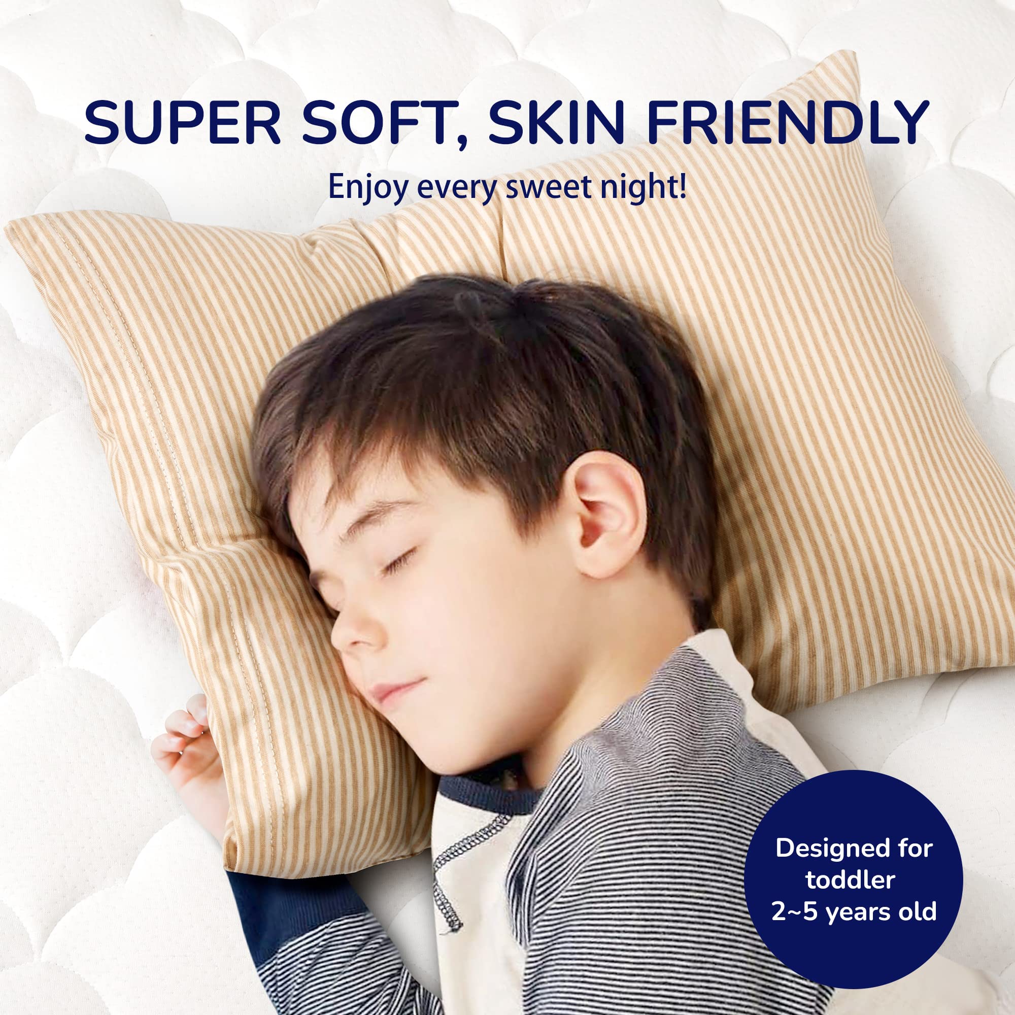 SLEEP ZONE Toddler Pillow with 100% Cotton Pillowcase 13X18 inches, Soft Supportive Ergonomically Baby Pillow for Sleeping - Machine Washable Kids Travel Pillow (Brown Stripes)