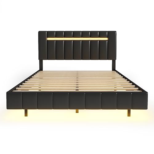 WADRI Modern Queen Size Upholstered Platform Bed, Floating Bed Frame with LED Lights and USB Charging, PU Leather Platform Bed for Kids Teens Adult Bedroom, Easy Assembly (Black-A32)