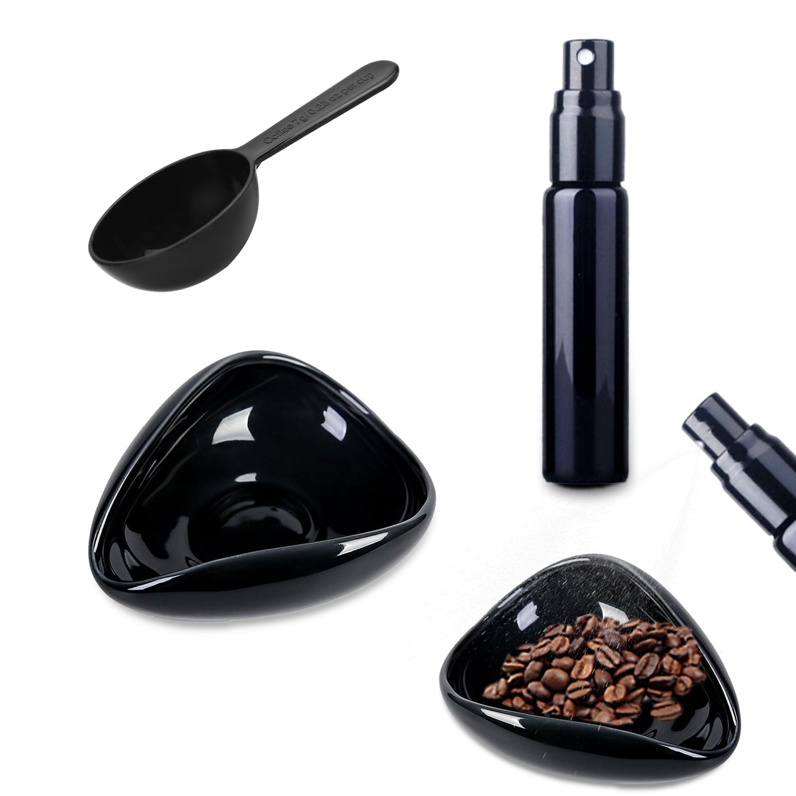 YAFIYGI 3 PCS Coffee Dosing Cup and Spray Bottle with a Spoon Kit Espresso Barista Accessories Ceramic Dosing Tray for Ground Coffee or Tea Mister Spray Bottle Reducing Static Barista Tool Set