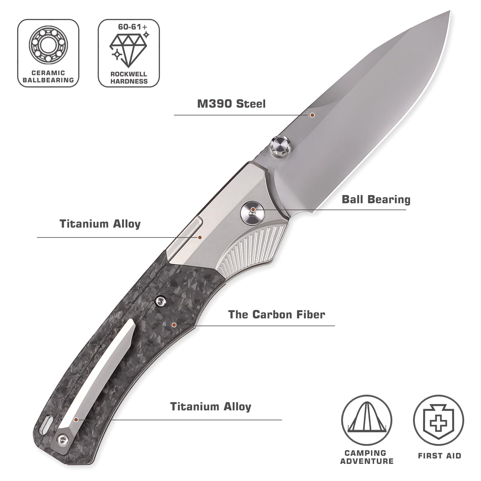REMETTE WD107 Series Titanium Pocket Knife, EDC Button Lock Knife, Pearlescent M390 Blade, Men Women Daily Carry Lightweight Folding Knife, Sharp Fishing Camping Knives