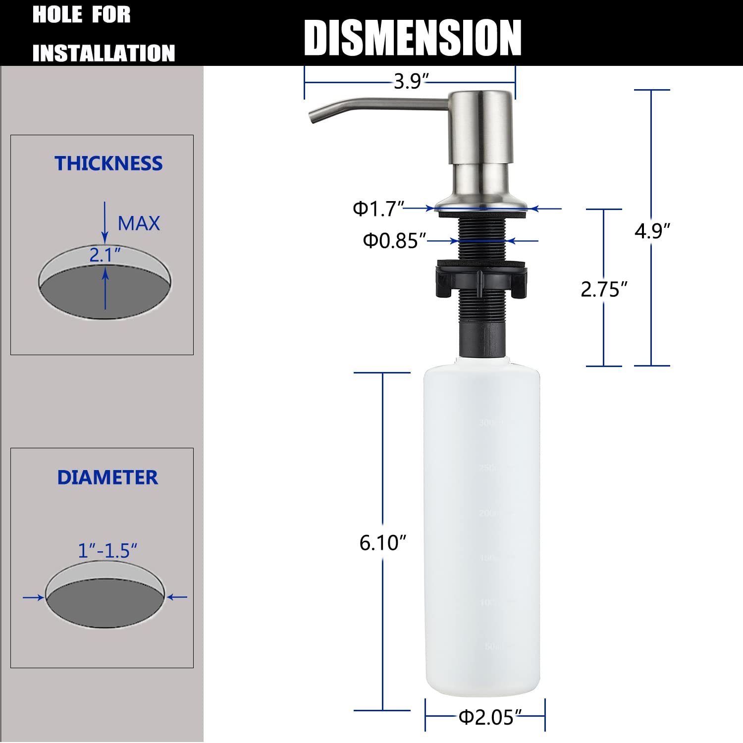 Sink Soap Dispenser Brushed Nickel, Soap Dispenser for Kitchen Sink Stainless Steel Refill from The Top Built in Sink Soap Dispenser with 13 OZ Soap Bottle