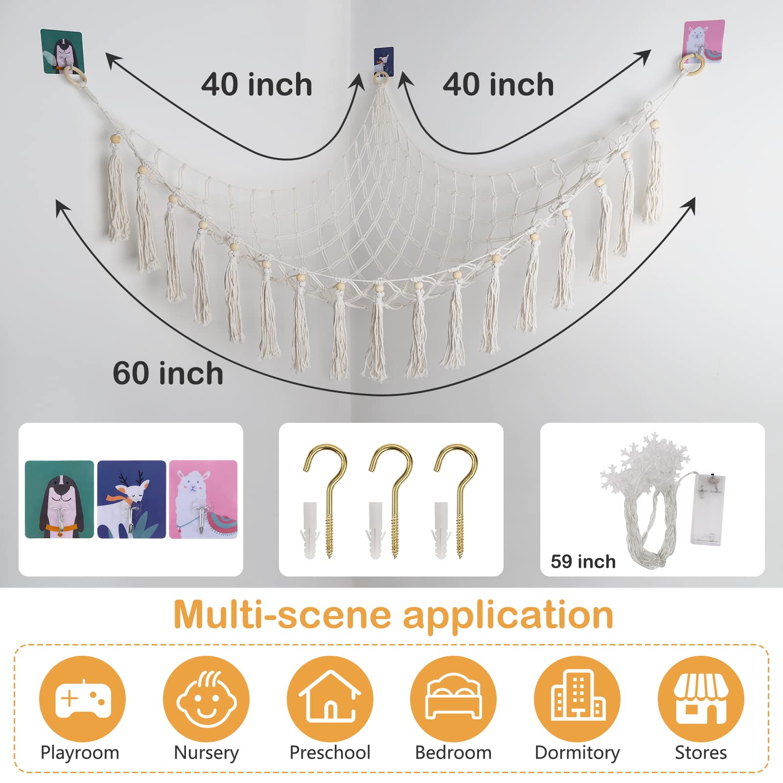 Stuffed Animal Hammock with Macrame Boho, Plush Toy Storage Net With Light, Pet Organizer Net For Corner, Hanging Net Holder for Kids Room, Bedroom Nursery Decor(Cream)
